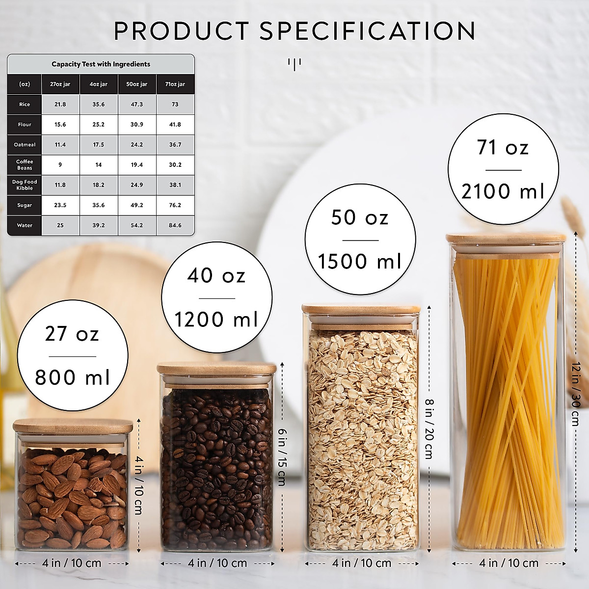 Laramaid 40oz 4Packs Glass Jars Set, Square Pantry Jars with Bamboo Lids, Black Labels and White Pen, Food Storage Containers for Home, Kitchen and Pantry