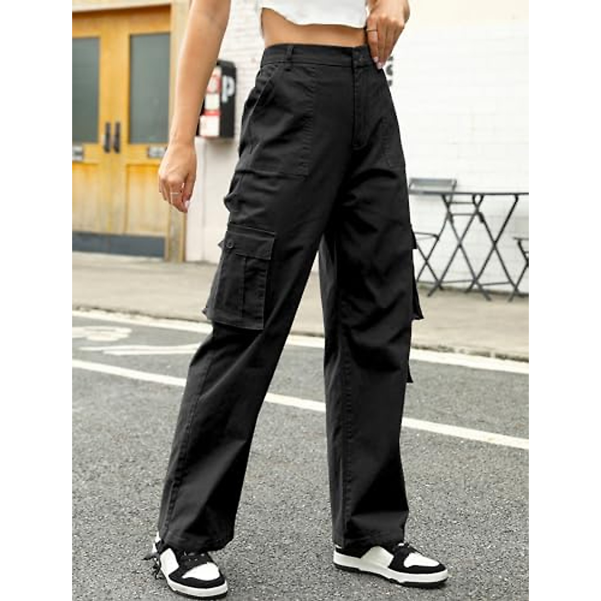 MOYEE Cargo Pants for Women High Waisted and Wide Leg Casual Y2K Pants Baggy Trousers with 7 Pockets(Black, Large)