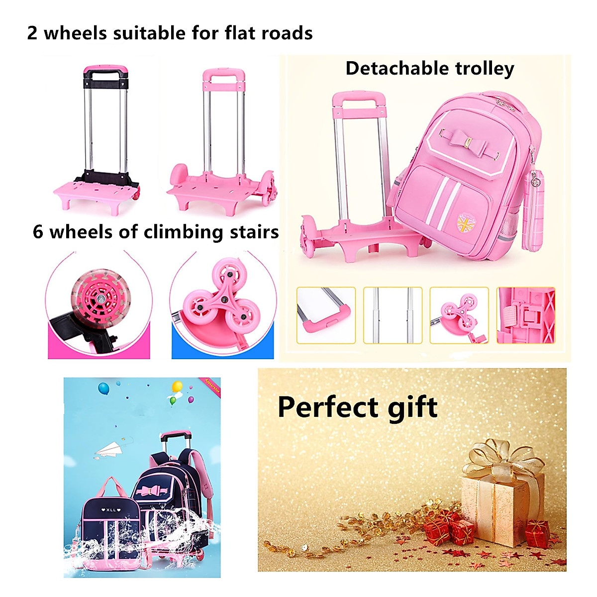 ZHANAO Rolling Trolley Bag Wheeled Backpack Bowknot for Girls Primary Schoolbag 3Pcs with Crossbody Bag Pencil Case