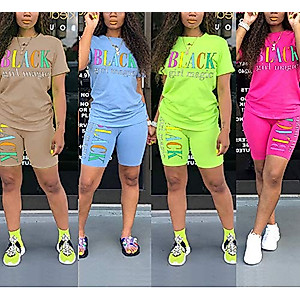 Uni Clau Women's Letter Two-Piece Outfit Tracksuit - Casual Short Sleeve T-Shirts Bodycon Shorts Set Jumpsuit Rompers Light Blue