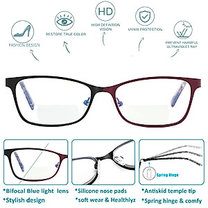 Bifocal Reading Glasses Women Cateye Blue Light Blocking Reader Stylish Clear Upper Computer Designer Small Frame Cute Ladies Cheater Red Eyeglasses Fashion Lined Metal Farsighted Spectacle +2.25
