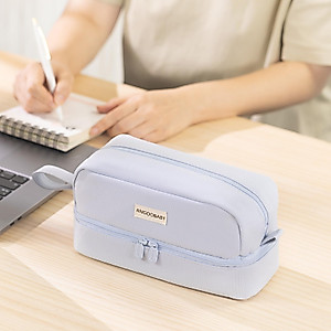 ANGOOBABY Big Capacity Large Pencil Case Canvas Pen Pouch Bag with 2 Compartments for Girls Boys Teen School Students Adults - Blue