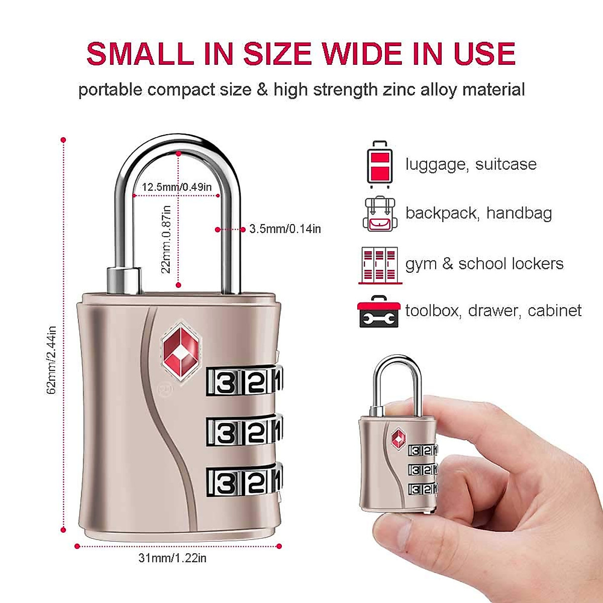 ZHEGE Luggage Locks, TSA Approved Locks, 3 Dial Zipper Lock with (80CM) Cable for Suitcases, Backpack, Baggage (Rose Gold, 2 Pack)