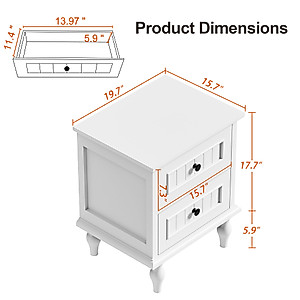 Scurrty Nightstand, Antique Style End Table with 2 Drawers, Taller Nightstand for Bedroom, Side Table for Bedroom (White, Single)