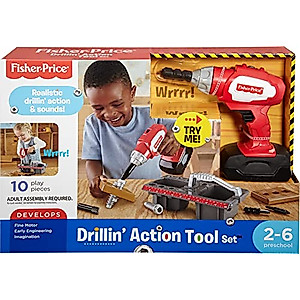 Fisher-Price Preschool Toy Drillin’ Action Tool Set with Sounds, 10 Pieces for Construction Pretend Play for Kids Ages 3+ Years