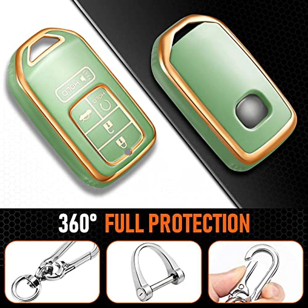 Toykee Key Fob Cover Keychain Accessories for Honda for Accord Civic CR-V CRV Pilot Passport HRV EX EX-L Touring Odyssey 5 Buttons, TPU Case+D-Ring+Hook(Green)