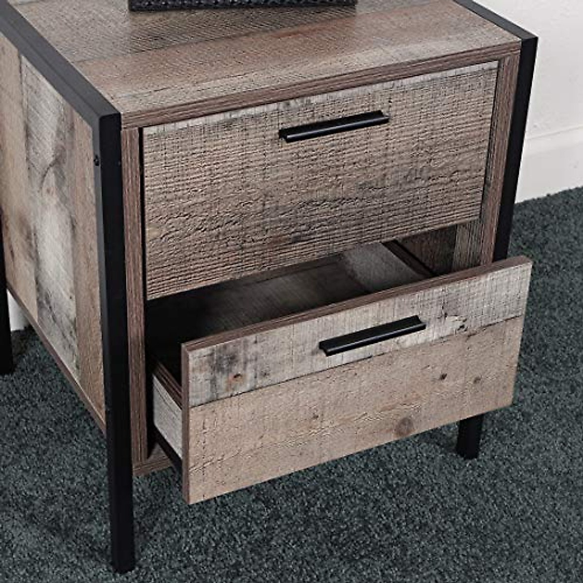 OS Home and Office Furniture Model Two Drawer Metal Frame and Legs night stand, Rustic Reclaimed Barnwood Laminate
