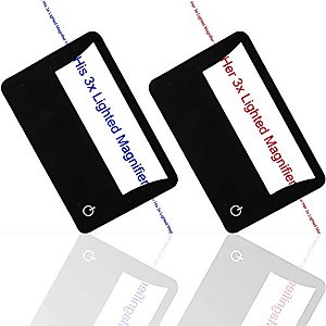 His and Her Credit Card Size Lighted 3X Magnifier Bundle Includes 2 Magnifiers, Each Magnifier for Reading has 3X Fresnel Lens, Use as 3X Magnifying Glass with Light or as Reading Magnifier for Menus