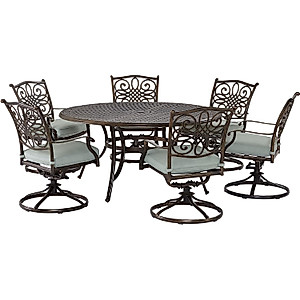Hanover Renditions 7 Piece Outdoor Dining Set with Sunbrella® Fabric and Elegant 60" Round Patio Table with 6 Comfortable Swivel Chairs and Rust, UV, and Weather-Resistant Aluminum Frames in Mist