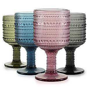 Wongblee Vintage Stemmed Wine Glasses 10 OZ, Hobnail Glass Goblets, Colored Drinking Glasses for Dining Table, Party, Bar