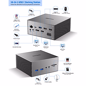 EUASOO USB-C Docking Station 16 in 1 Triple Display USB C Dock with Charging Support, 4K HDMI, DP, VGA, 7 USB Ports, Ethernet, SD/TF Card Reader for MacBook and Windows, MacOS only Support Mirror Mode