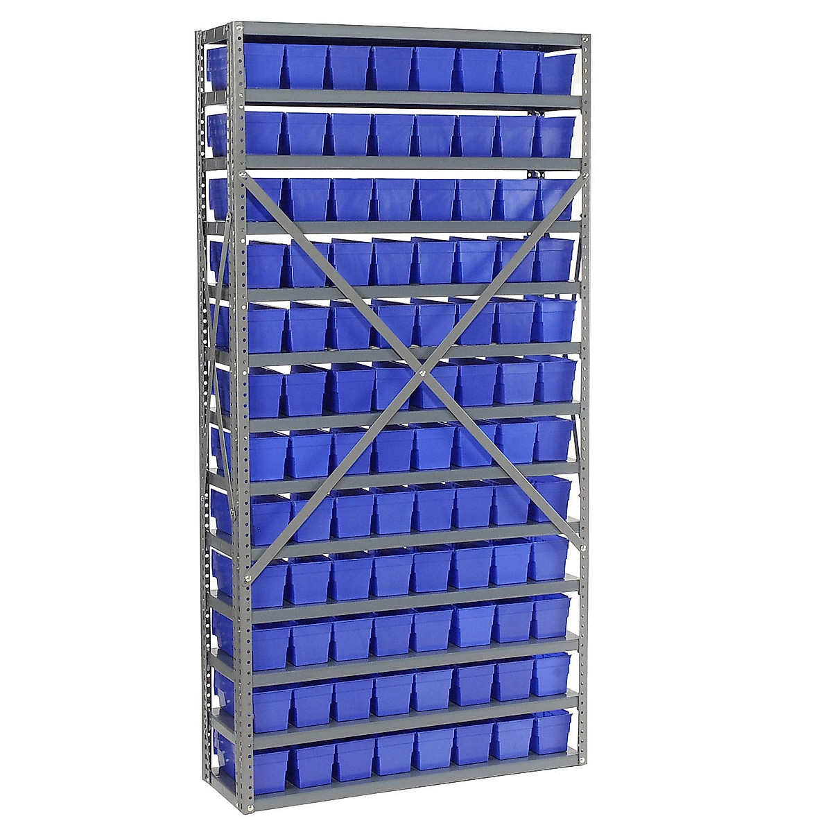 Global Industrial 13 Shelf Steel Shelving with (96) 4" H Plastic Shelf Bins, Blue, 36x12x72