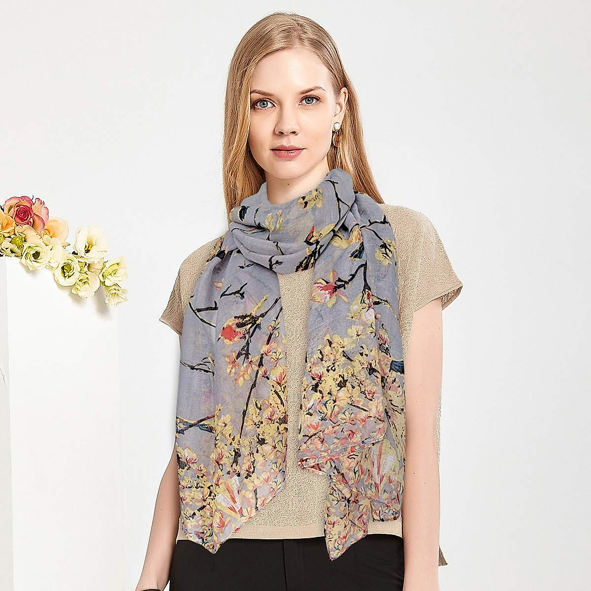 GERINLY Floral Birds Work Scarves for Womens Lightweight Cotton Shawls and Wraps Soft Thin Neckwear Head Scarf (Grey)