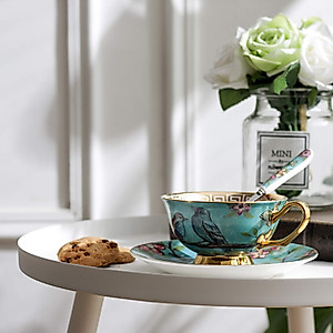 Panbado 3 Piece Bone China Tea Cup Saucer Set with Spoon Porcelain Gold Rimmed Teacup Coffee, Flower and Birds, 200 mL/6.8 oz, Blue Cup & Saucer, Dark