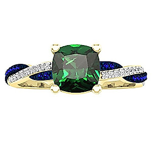 Dazzlingrock Collection 6 MM Cushion Lab Created Emerald with Round Blue Sapphire & Diamond Women Engagement Ring | 14K Yellow Gold, Size 8.5