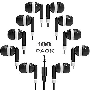 Hongzan 100 Pack Classroom Earbuds Headphones Bulk for School Kids Children, Wholesale Durable Earphones Class Set for Students (100 Black)