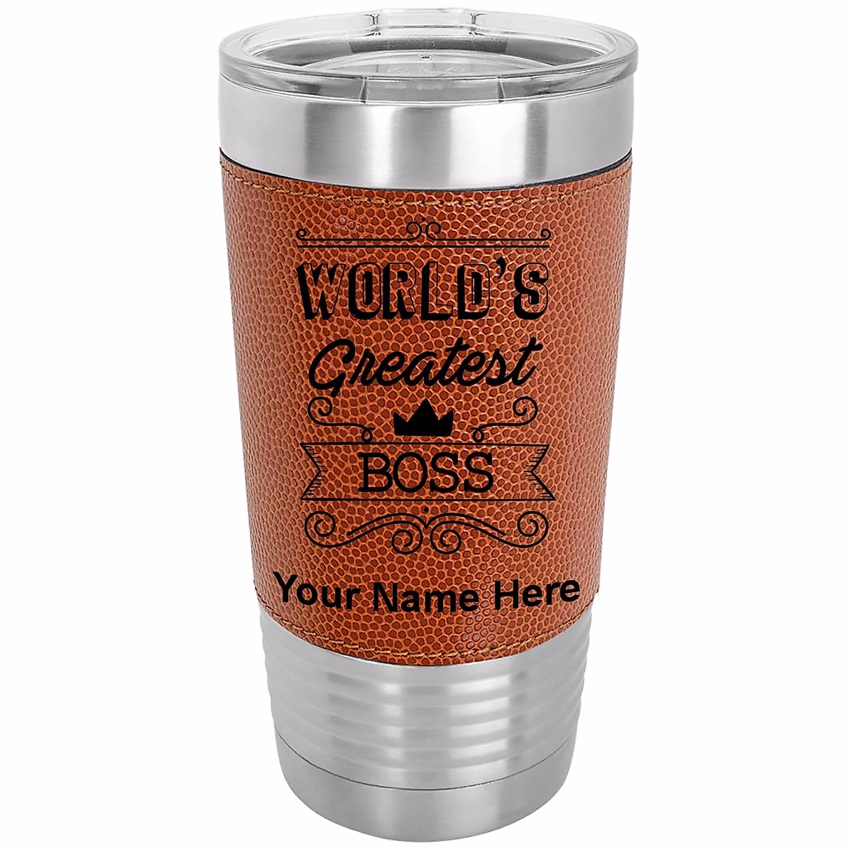 LaserGram 20oz Vacuum Insulated Tumbler Mug, World's Greatest Boss, Personalized Engraving Included (Faux Leather, Basketball Style)