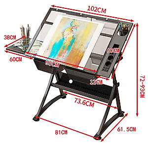 Drawing Table Drafting Desk, Glass Drafting Table Art with Stool, Height Adjustable Drawing Desk Art Table for Artists, Upgraded Tiltable Tabletop Art Craft Desk Painting Work Station for Reading Writ