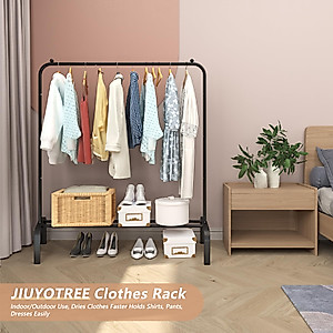 JIUYOTREE Metal Clothing Rack, 43.3 Inches Clothes Garment Coat Rack with Bottom Shelf, Clothing Rack for Hanging Clothes, Coats, Skirts, Shirts, Sweaters, Black