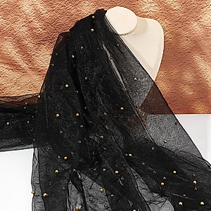 BENECREAT 3 Yards Pearl Beaded Tulle Fabric, 60" Wide Black Lace Fabric Net Tulle Mesh Soft Lace Wedding Accessories Fabric for Wedding Dress Bridal Veil, Tablecloth, Home Decor