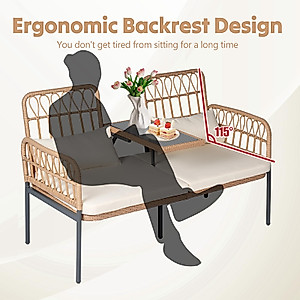 HOMEZILLIONS Outdoor Loveseat 2 Pieces Patio Furniture Set, Porch Furniture Wicker Large Loveseats, Patio Conversation Sets with Cushions & Lumbar Pillows and Built-in Table