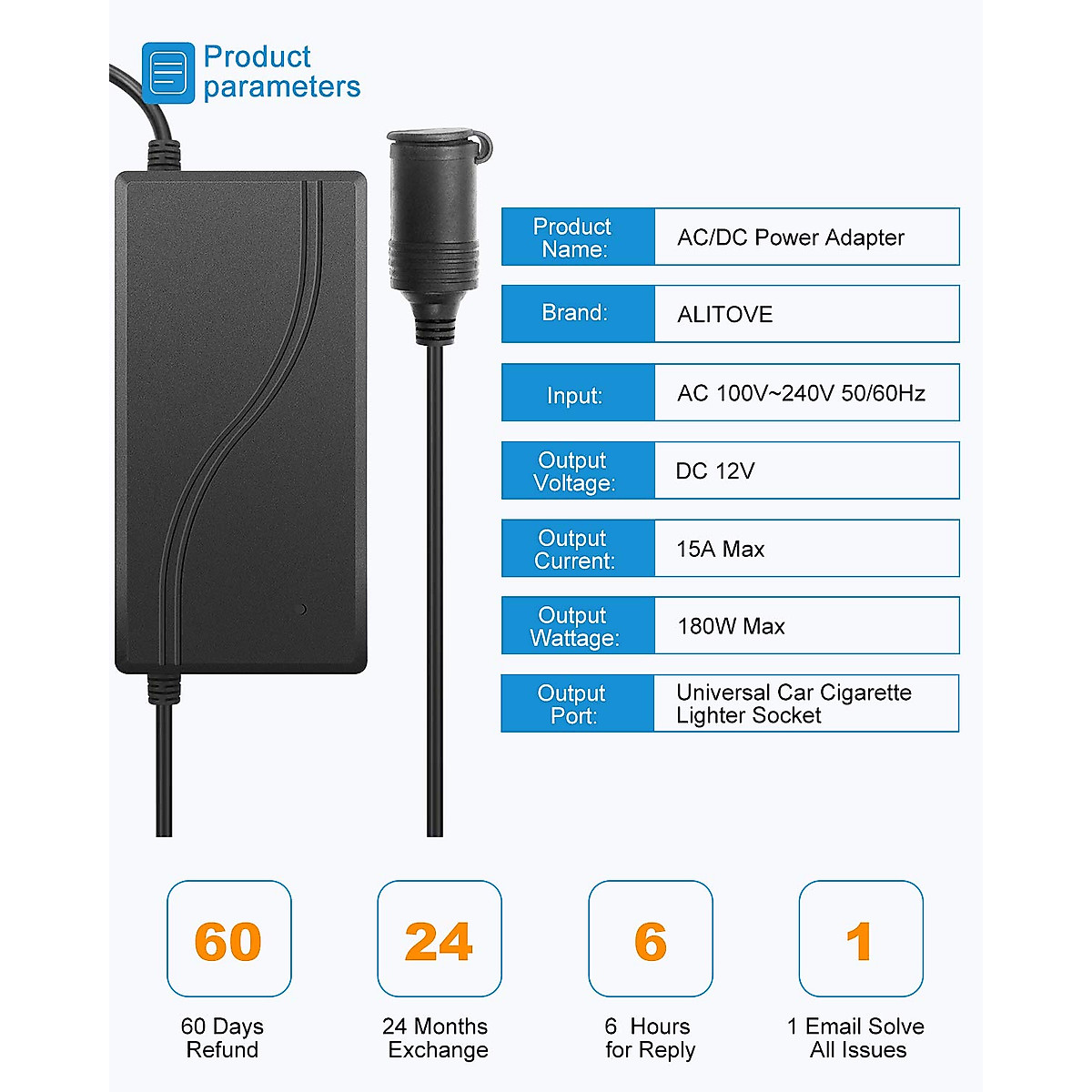 ALITOVE 110V to 12V Converter AC to DC Converter 12 Volt 15A 180W Power Supply Adapter with Car Cigarette Lighter Socket 100V-240V AC in for Car Refrigerator Tire Inflator Cleaner Pressure Washer