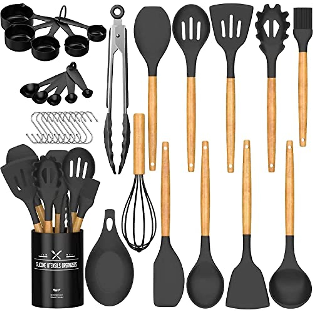 Umite Chef Kitchen Cooking Utensils Set, 33 pcs Non-Stick Silicone Cooking Kitchen Utensils Spatula Set with Holder, Black Wooden Handle Silicone Kitchen Gadgets Utensil Set