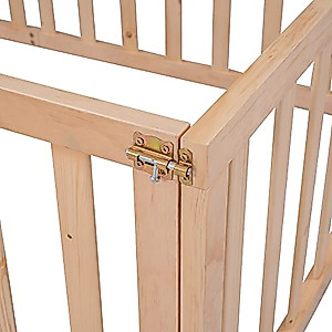 LZ LEISURE ZONE Twin Size Platform Bed with Fence, Solid Wood Floor Bed Frame with Door, Twin Size Daybed Fram, Natural