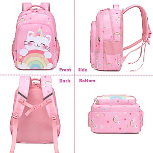 Girls Backpack with Lunch Bag Set, 3PCS Pink Unicorn Cat School Backpack with Pencil Case Large Capacity School Bookbags with Chest Strap for Preschool Kindergarten Elementary Girls