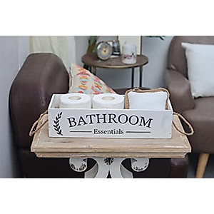 Farmhouse Toilet Paper Basket, Rustic Wooden Bathroom Decor Box, Bathroom Organizer Over Toilet, Funny Toilet Paper Storage with Rope Handle, Distressed White