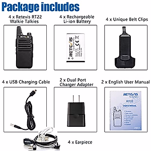 Retevis RT22 Walkie Talkies with Earpiece, Two Way Radios Long Range, Mini Walkie Talkie Rechargeable for Adults,Key Lock,VOX Handsfree, for Family Hunting Camping Hiking Skiing (4 Pack, Black)