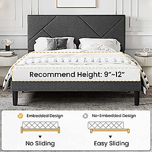 SHA CERLIN Full Size Upholstered Bed Frame with Geometric Headboard, Heavy-Duty Platform Bed Frame with Wood Slats Support, Mattress Foundation, No Box Spring Needed, Easy Assembly, Dark Grey
