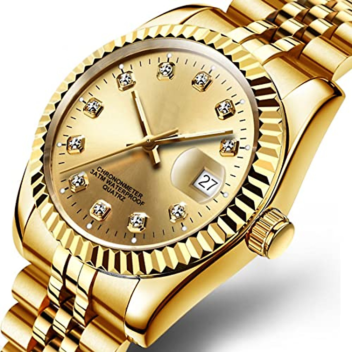 SENRUD Men's Fashion Classic Design Analog Quartz Watches Casual Business Stainless Steel Waterproof Date Wrist Watch Men (Gold)