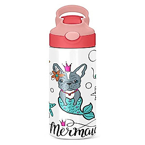 MCHIVER French Bulldog Mermaid Kids Water Bottle with Straw Insulated Stainless Steel Kids Water Bottle Thermos for School Boys Girls Leak Proof Cups 12 oz / 350 ml Pink Top