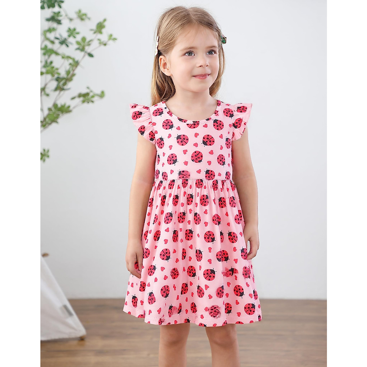 Girls Ladybug Dress Short Sleeve Ruffle Sundresses Kids Summer Outfits Animal Print Clothes Toddler Pink Swing Dresses 2-3 Years Old