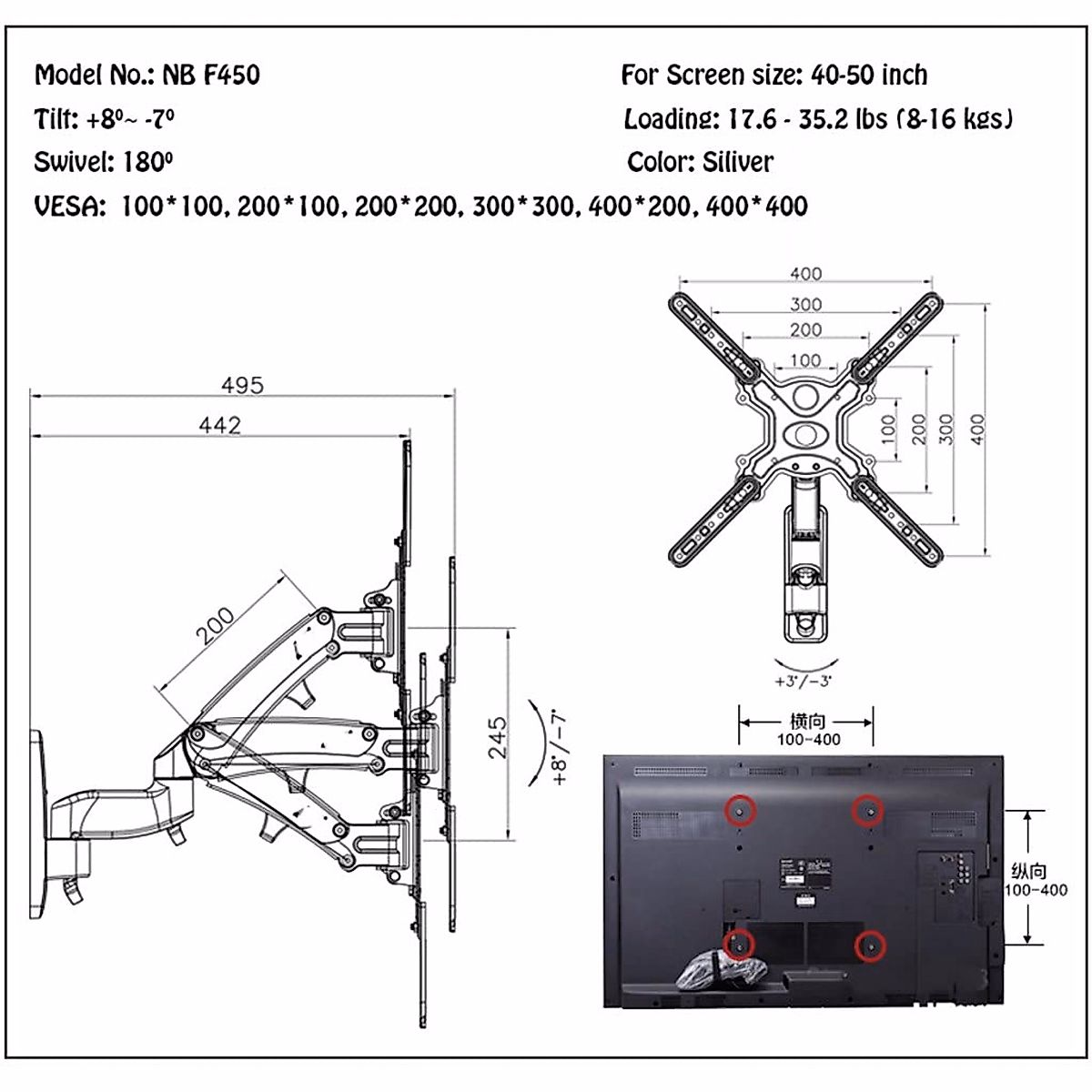 APAINI Spring Dual Arm 40-50" 8-16kg Full Motion Monitor Wall Bracket LCD Tv Mount Holder Support