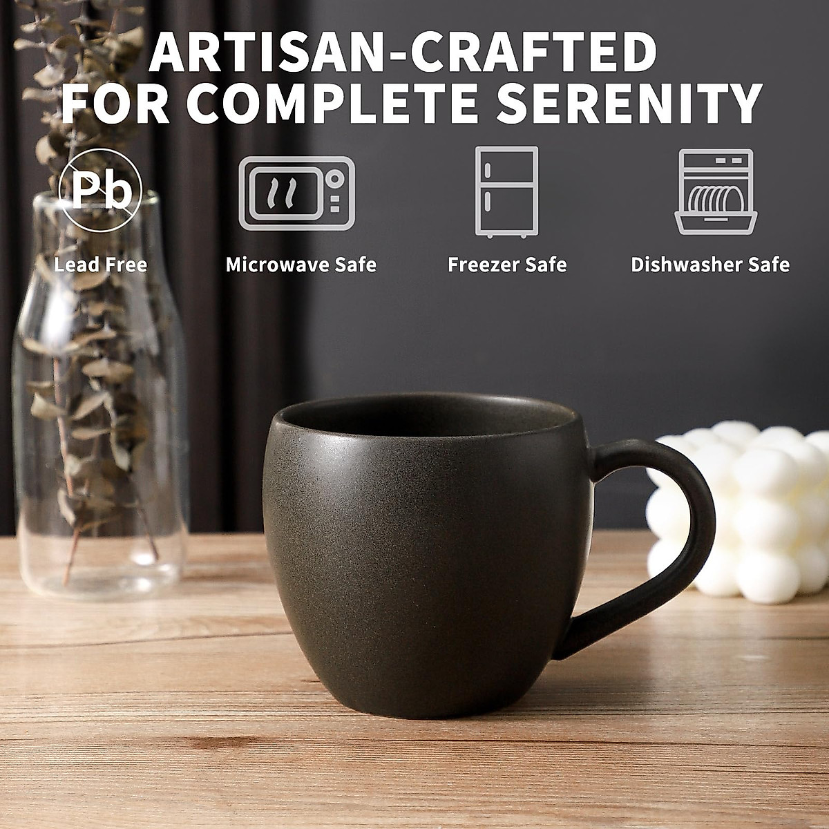 Tikooere Coffee Mugs Set of 4, Ceramic 16 oz Coffee Cups for Tea, Milk, Cereal, Cappuccino, Porcelain Latte Cups with Large Handle, Stoneware Coffee Mugs for Christmas Housewarming Gifts, Black