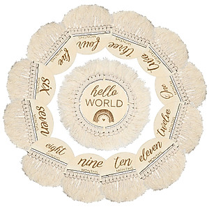 Whaline 13Pcs Baby Monthly Milestone Cards with Tassel Wooden Boho Baby Macrame Milestone Discs Newborn to 1 Year Hello World Baby Birth Announcement Sign for Baby Shower Photo Props
