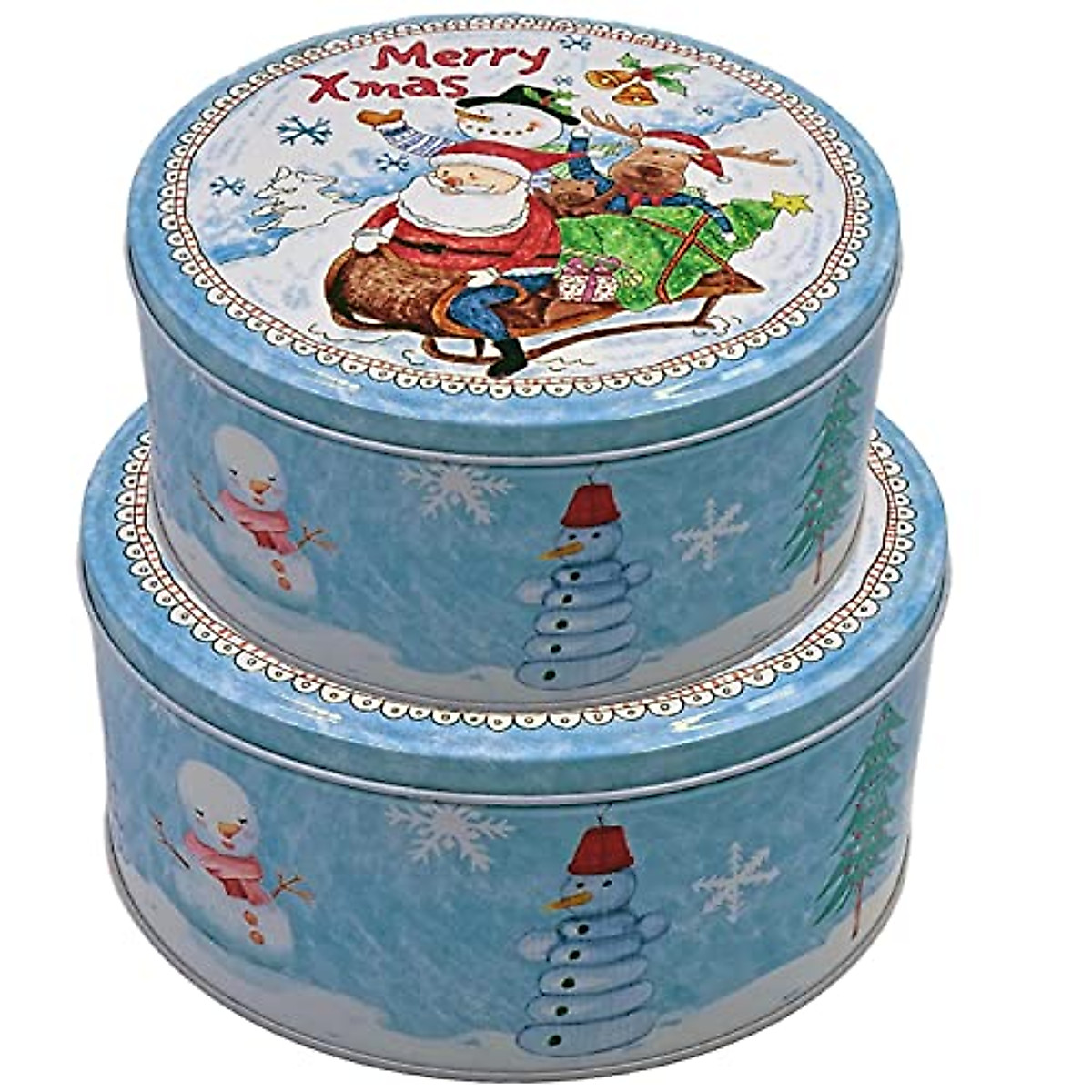 HADAAYA Round Merry Xmas Christmas Decorative Holiday Gifting tins, Set of 2. watercolor painted look with Santa, Snowman & Reindeer moose with Xmas tree