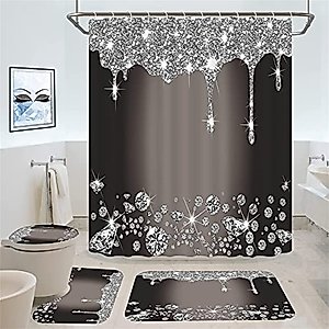 MEXERA 4PCS Bling Diamond Shower Curtain Set with Non-Slip Rugs Toilet Lid Cover and Bath Mat Shower Curtain with 12 Hooks Bathroom Sets with Shower Curtain and Rugs and Accessories