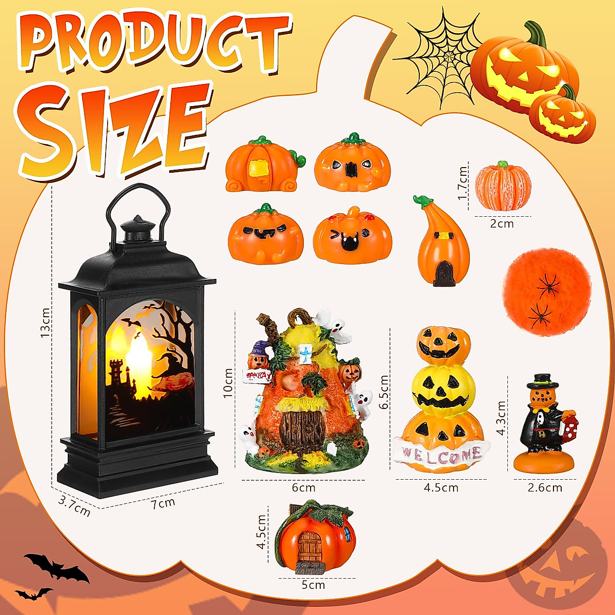 Barydat 18 Pcs Halloween Village Accessories Set Halloween Miniature Figurines Decoration Ornaments Pumpkin House Pumpkin Statues LED Pumpkin Spiderweb Halloween Crafts DIY Garden Table Decor