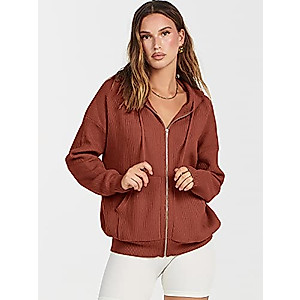 ANRABESS Women's Sweater Hoodies 2023 Fall Oversized Full Zip Up Jackets Long Sleeve Crewneck Sweatshirt Casual Loose Ribbed Knit Pullover Top with Pocket 791xiuhong-L Rust