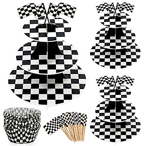 3 Sets Race Car Party Decorations 3 Tier Round Cardboard Cupcake Stand for Racing Cars Birthday Party Supplies 100 Checkered Baking Cups Liners 100 Race Car Flag Black and White Fast Party Decorations