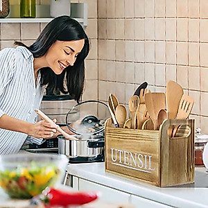 brekle Rustic Kitchen Utensil Holder Larger Wooden Utensil Holder for Kitchen Counter 3 Compartment for Efficient Utensil Organizer and Cooking Tools Storage