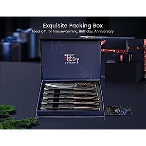 SYOKAMI Steak Knives Set Of 6, 4.8 Inch High-Carbon Japanese Stainless Steel Non-serrated Steak Knife With Wood Handle, Damascus Pattern Full Tang Design, Razor-Sharp Dinner Knives With Gift Box