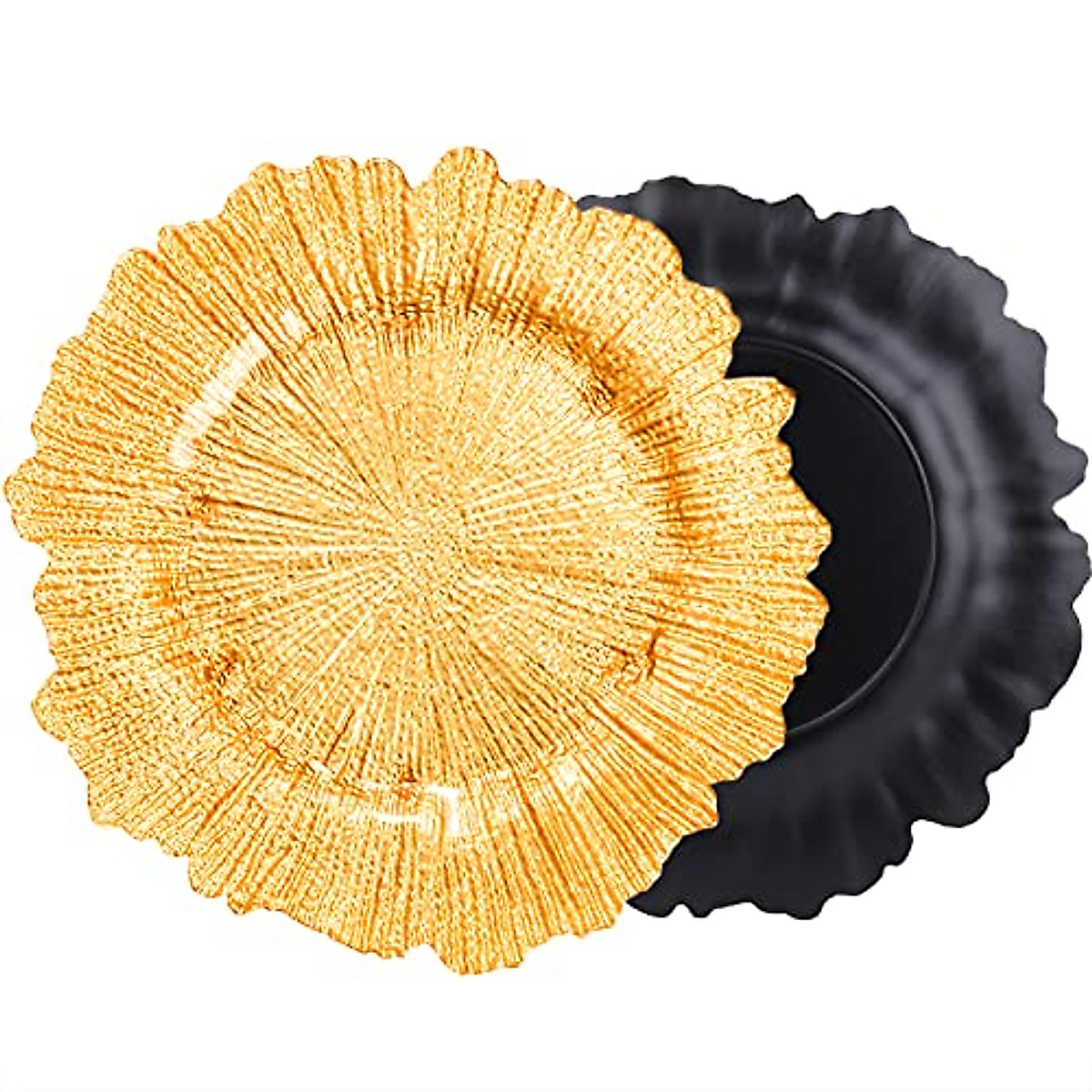 WUWEOT 12 Pack 13" Gold Charger Plates, Plate Chargers with Flora Reef Design, Plastic Round Ruffled Rim Dinner Charger Plates for Dinner Wedding Party Decoration