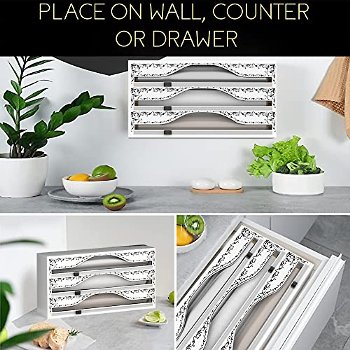 Extra Long Foil and Plastic Wrap Organizer for 15" Rolls, 3 in 1 Plastic Wrap Dispenser with Cutter, Aluminum Foil Organization And Storage, Parchment, Wax Paper Dispenser for Drawer