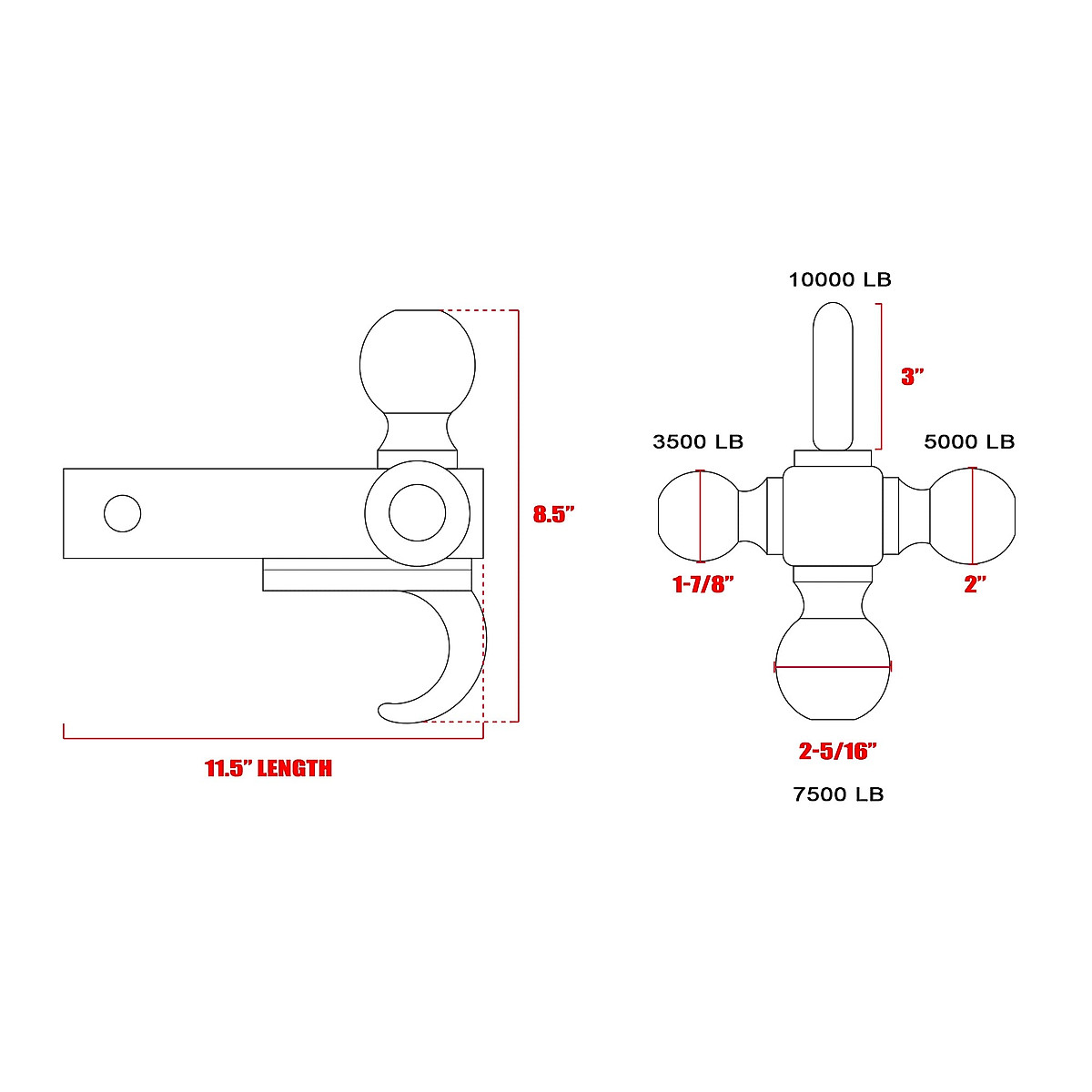 Armordillo 8719442 3-in-1 Loaded Tri-Ball Mount with Hook Universal Fits 2-Inch Receiver Tube Trailer Hitch