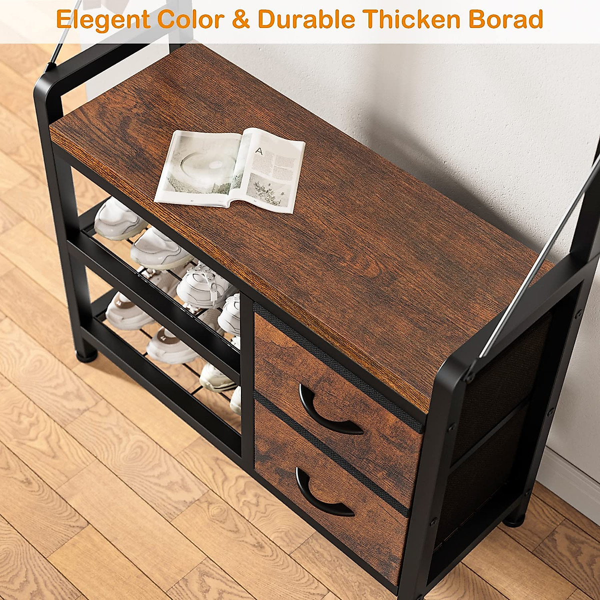 Lulive Hall Tree, 31.5” Entryway Bench with Coat Rack freestanding, 5 in 1 Intelligent Design Shoe Bench and Wall Rack 17 Hooks and Drawers (Rustic Brown)