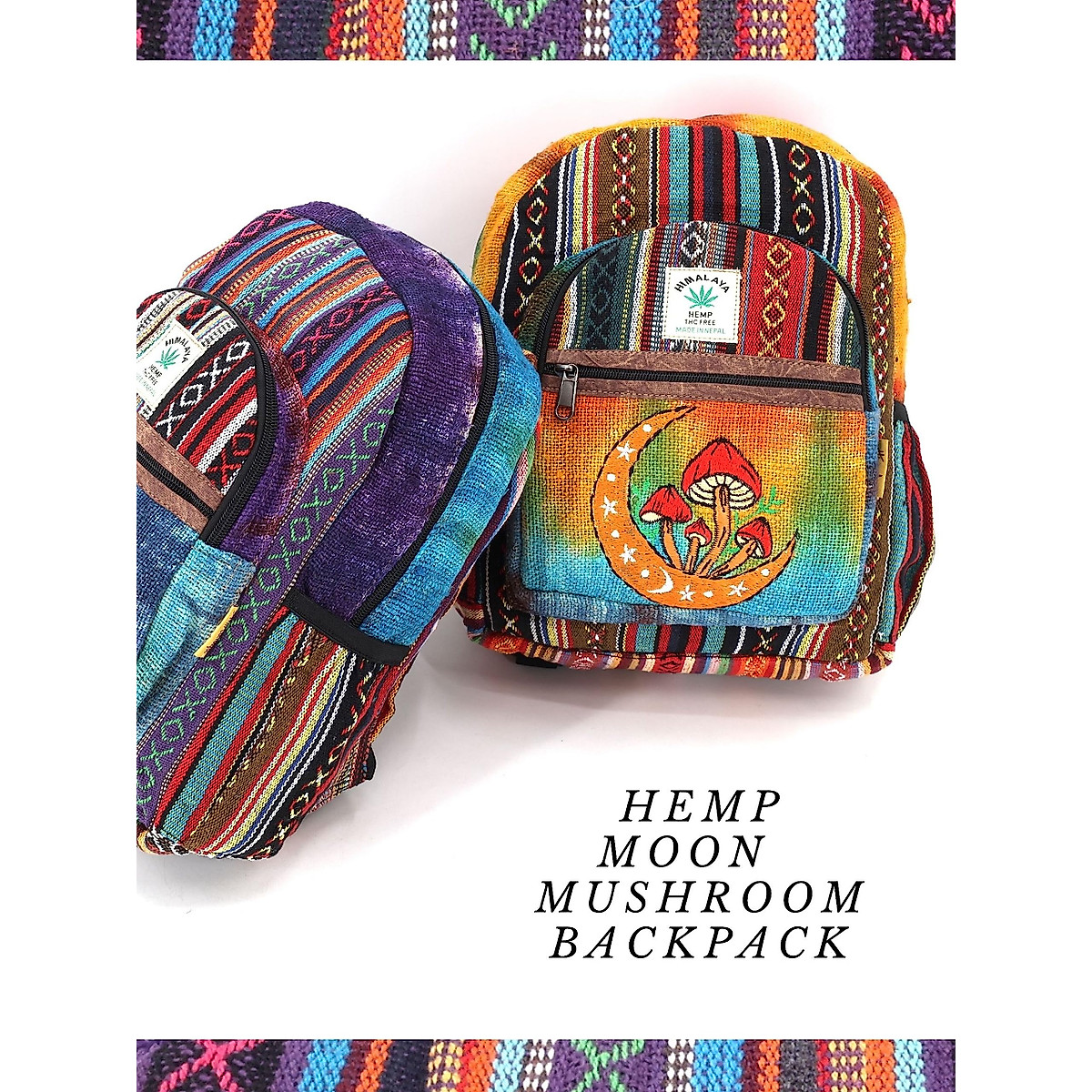 Unique Moon & Mushroom Embroidered Himalaya Hemp Hippie Backpack Festival Backpack FAIR TRADE Handmade with Love. (MINI)